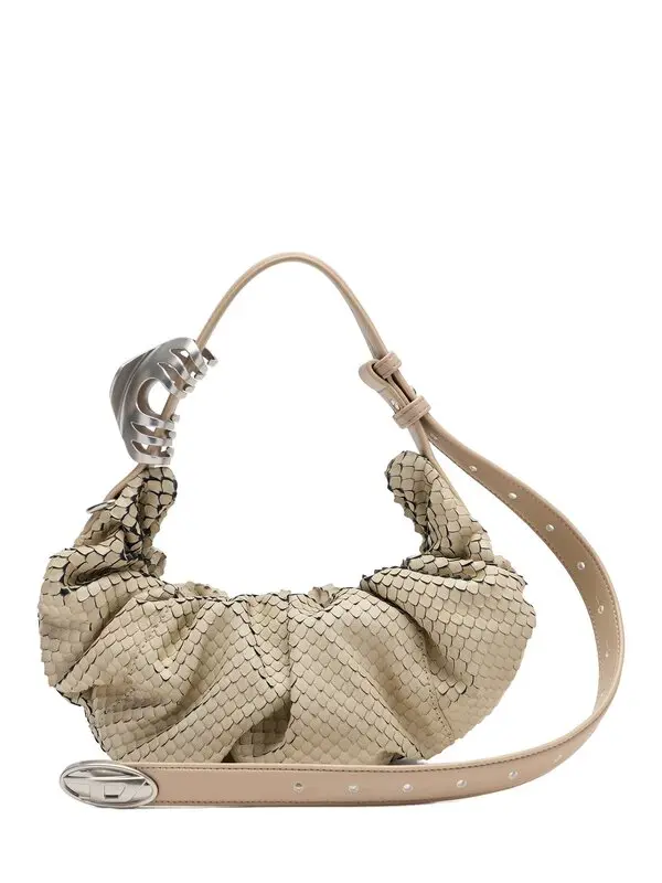 DIESEL® Small Scrunched Hobo Bag In Snake-effect Leather - Beige
