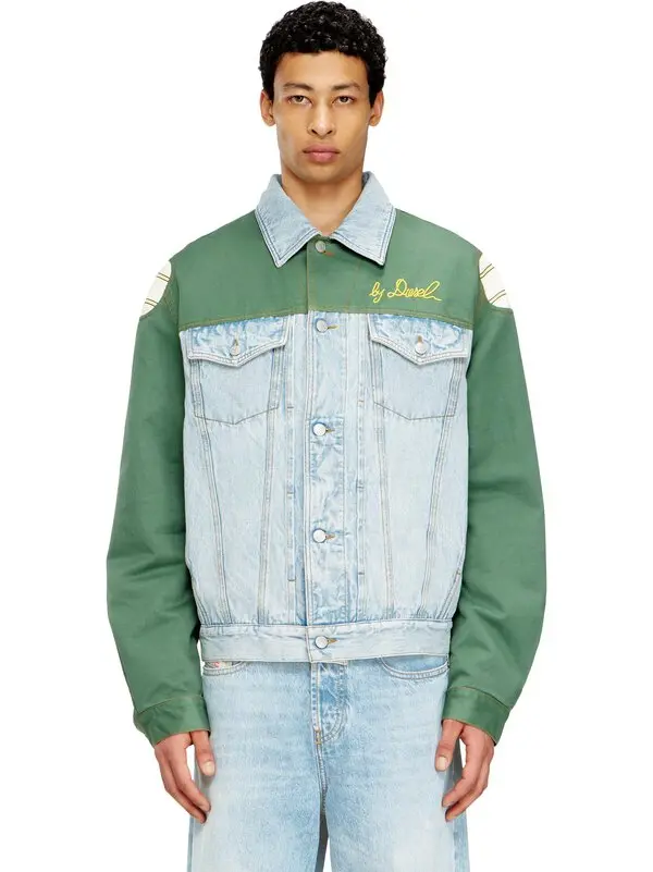 DIESEL® Mixed-material Denim Jacket With Cotton Gabardine Sleeves - Multicolor