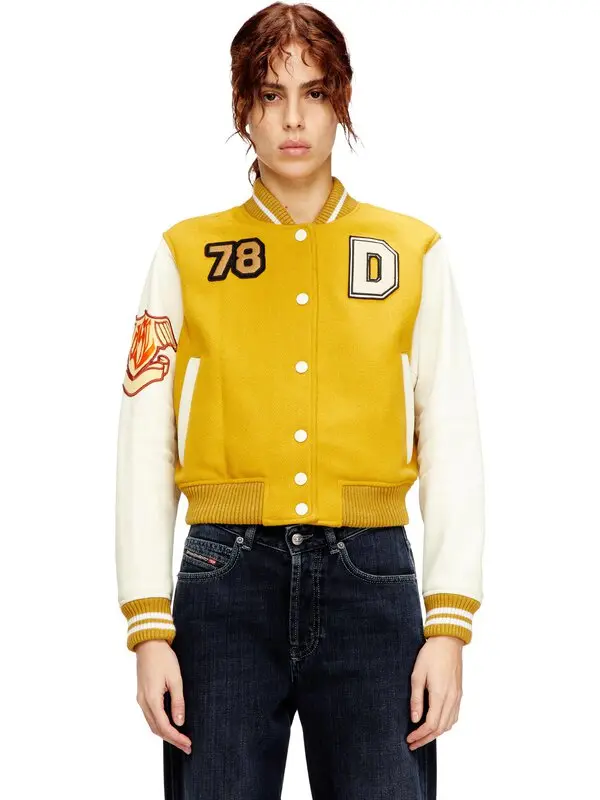 DIESEL® Cropped Varsity Jacket In Wool And Leather With Phoenix Embroidery - Multicolor