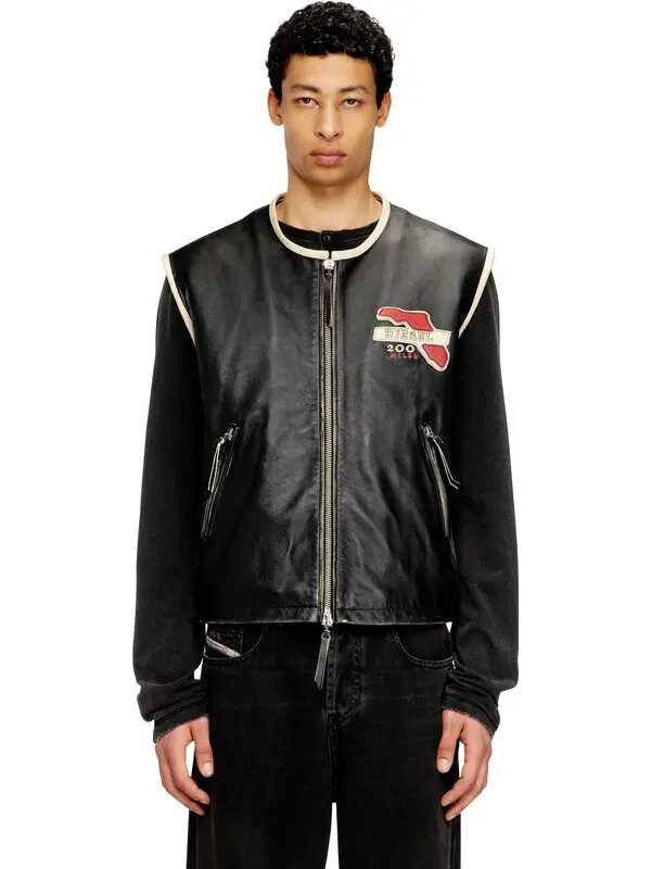 DIESEL® Leather Vest With Embroidered Patches - Black