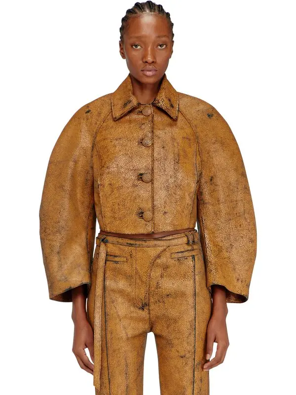 DIESEL® Crackle Leather Cropped Cocoon Jacket - Brown