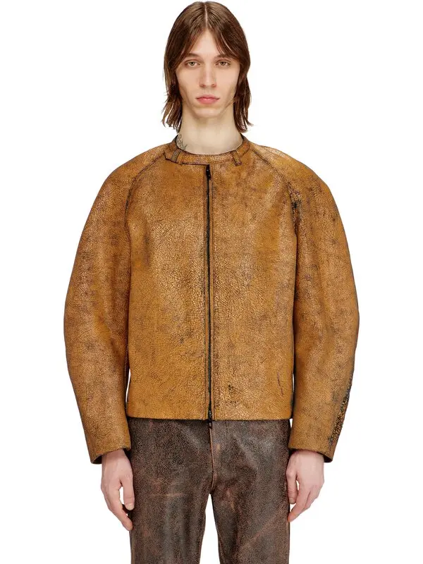 DIESEL® Cracked Leather Cocoon Sleeve Biker Jacket - Brown