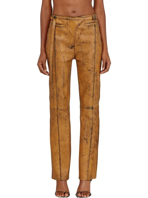 DIESEL® Leather Pants With Crackled Effect - Brown