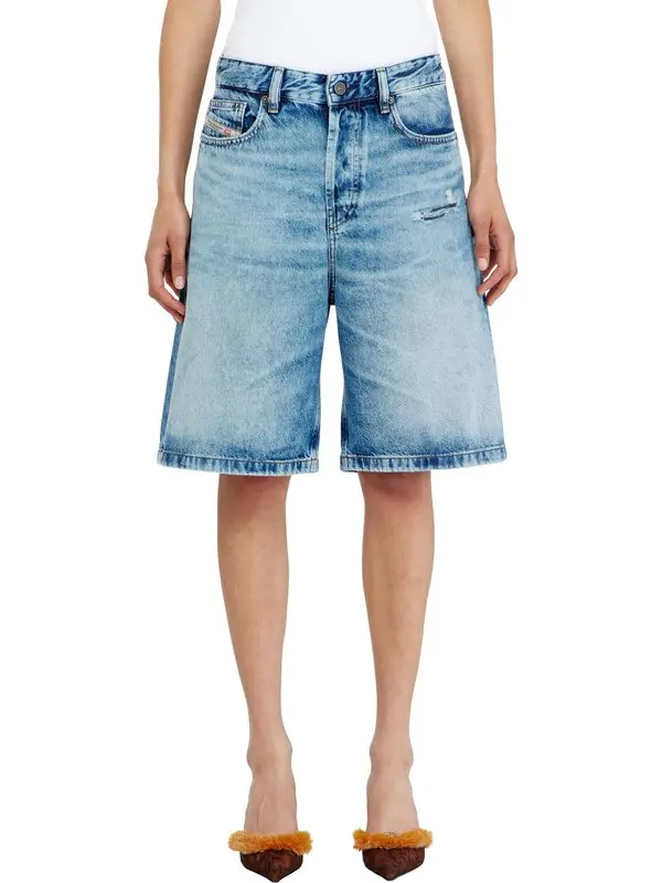 DIESEL® Relaxed Fit Fluid Denim Bermuda Shorts With Abrasions - Blue