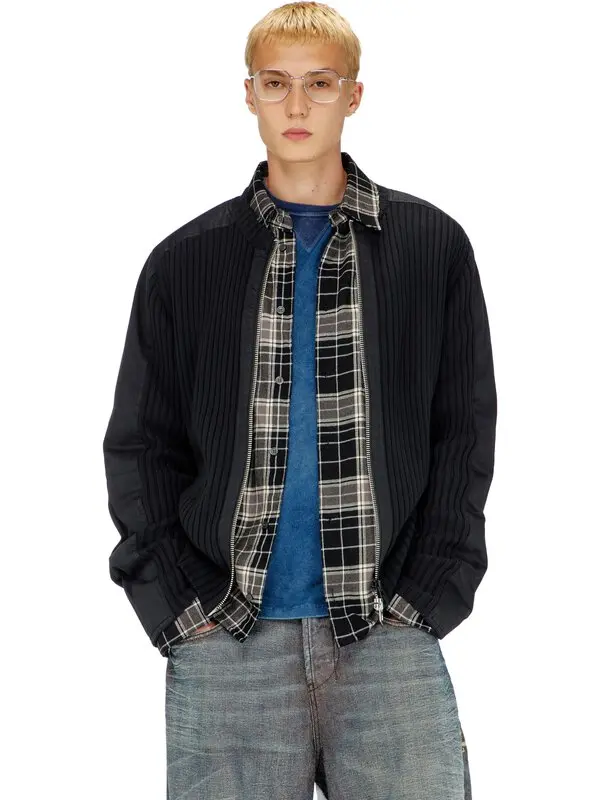 DIESEL® Ribbed Cardigan With Utilitarian Panels - Black