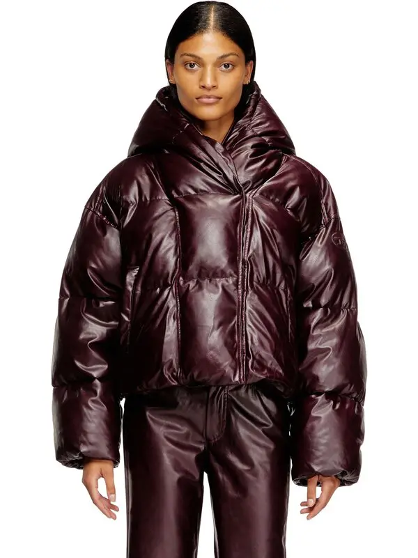 DIESEL® Burgundy Coated Fabric Hooded Puffer Jacket - Red
