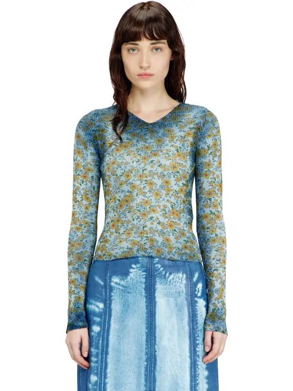 DIESEL® Ribbed Long Sleeve Top With Floral X-ray Print - Blue