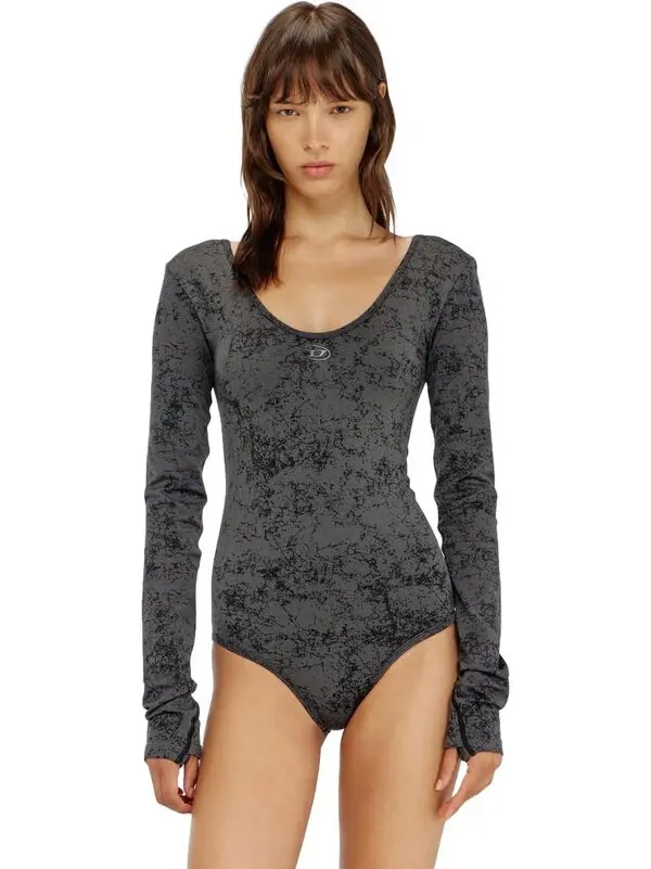 DIESEL® Long Sleeve Open Back Bodysuit With Utilitarian Print - Black