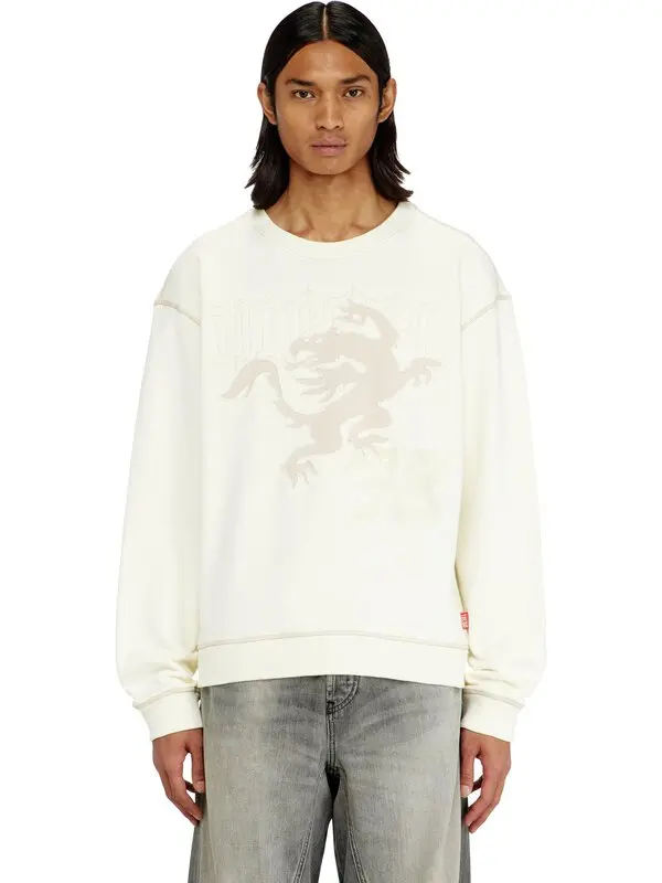 DIESEL® Cotton Fleece Sweatshirt With Embroidered Lion And Print Detail - White