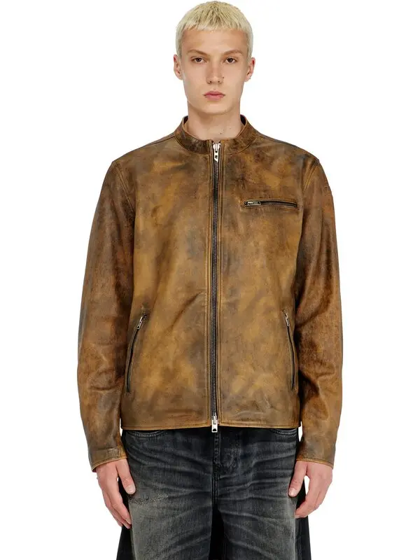 DIESEL® Treated Leather Biker Jacket - Brown