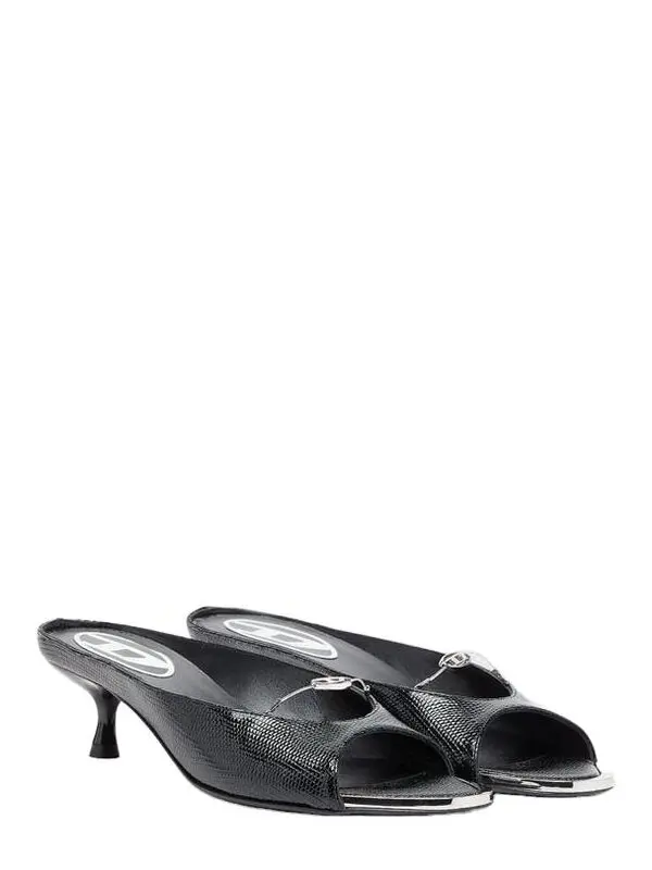 DIESEL® D-diam's Lizard-effect Leather Mules With Metallic Trim - Black
