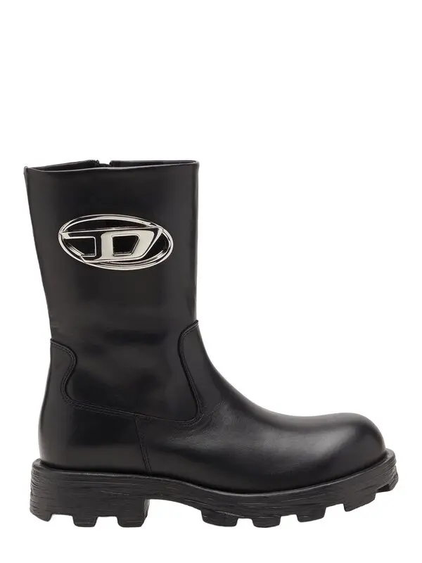 DIESEL® Shiny Leather Biker Boots With Silver Tone Oval D Hardware - Black