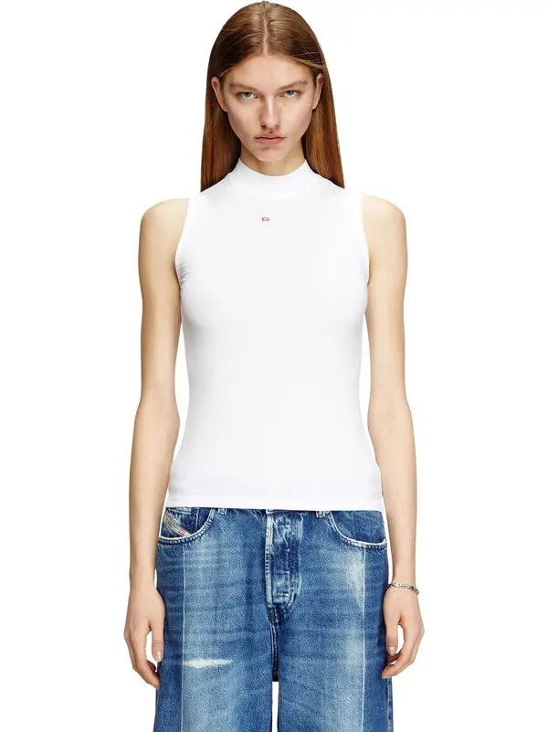 DIESEL® Ribbed Mock Neck Tank Top With Embroidered Logo - White
