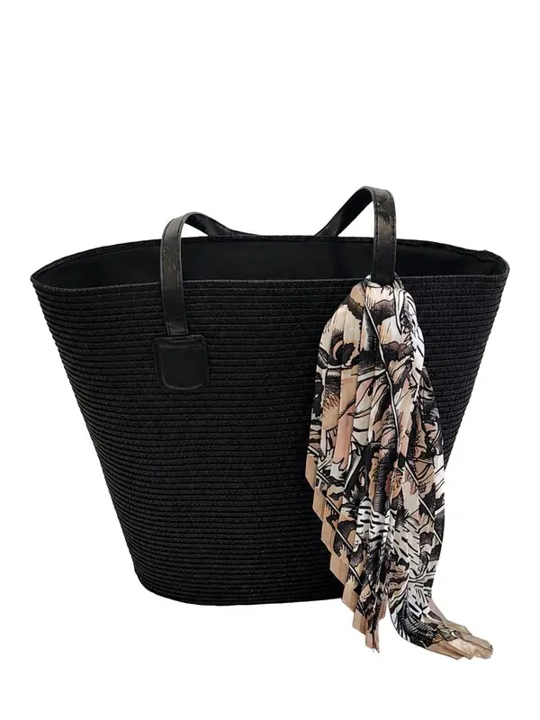 NUVV COLLECTION Woven Tote Bag With Printed Scarf Detail - Black