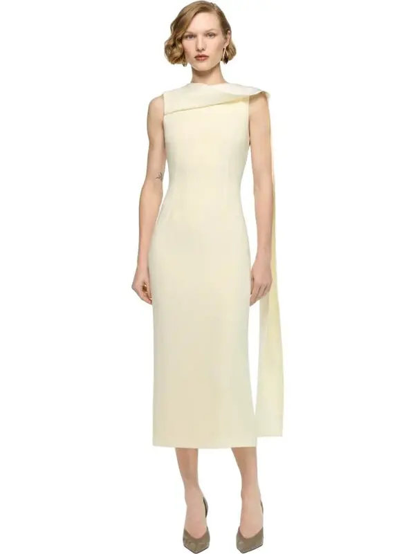Roland Mouret Satin Crepe Midi Dress With Draped Neckline And Sash - Yellow