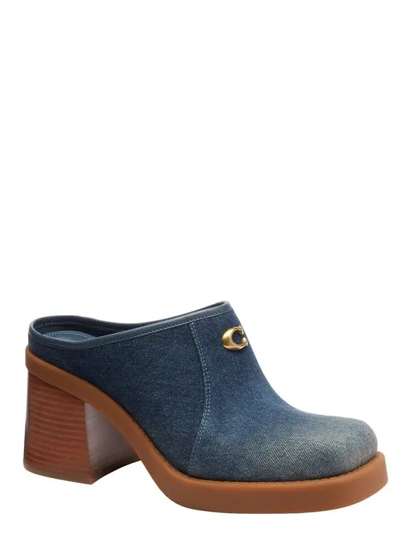 COACH OUTLET Sculpted C Heeled Mule In Loved Denim - Dark Indigo
