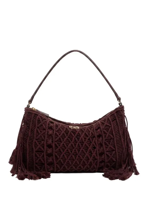 TWINSET Woven Cotton Shoulder Bag With Fringe Detail - Brown