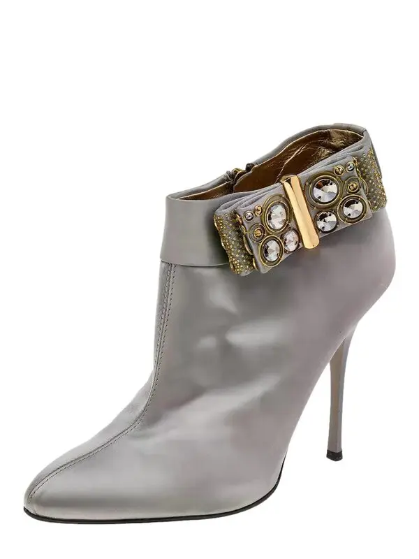 Roberto Cavalli Satin Crystal Bow Embellished Stiletto Ankle Boots - Grey