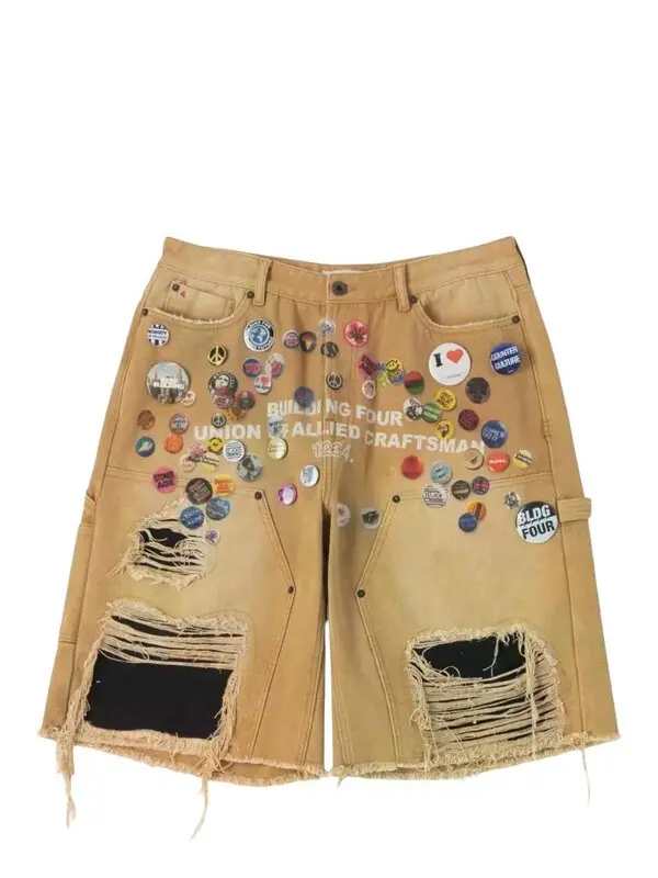 BLDG4 Chrysler Distressed Pin-embellished Shorts - Neutrals