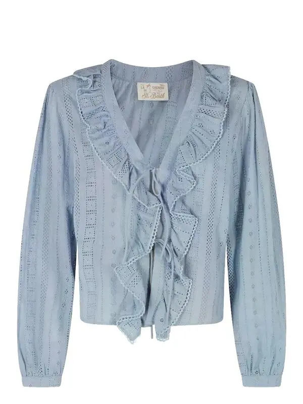 MC2 SAINT BARTH Broderie Anglaise Blouse With Ruffled Trim - Blue