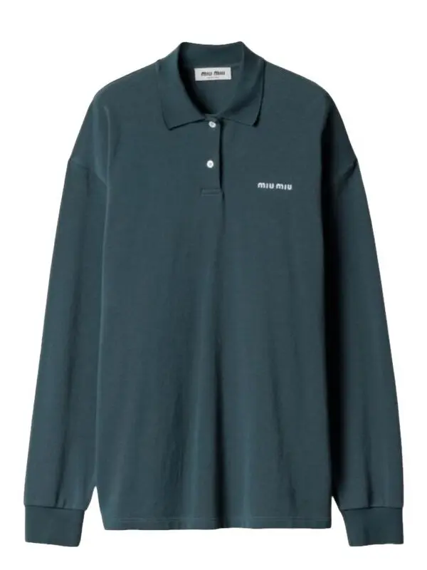 Miu Miu Long-sleeved Polo Shirt With Embroidered Logo - Green