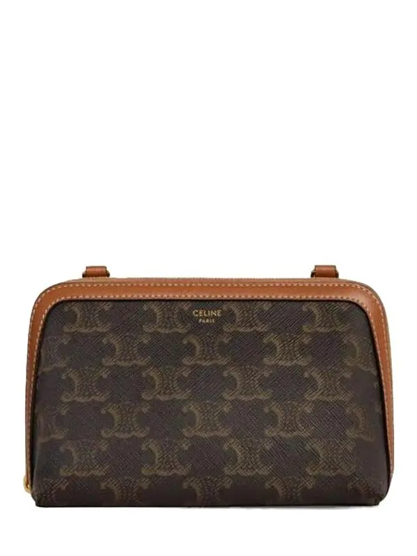 Celine Triomphe Canvas And Lambskin Clutch On Chain - Tan