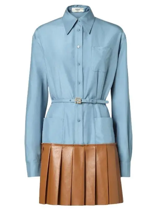Fendi Pleated Poplin Shirt Dress - Light Blue