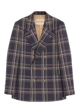 Valentino Garavani Checked Double-breasted Blazer - Navy Blue/gray