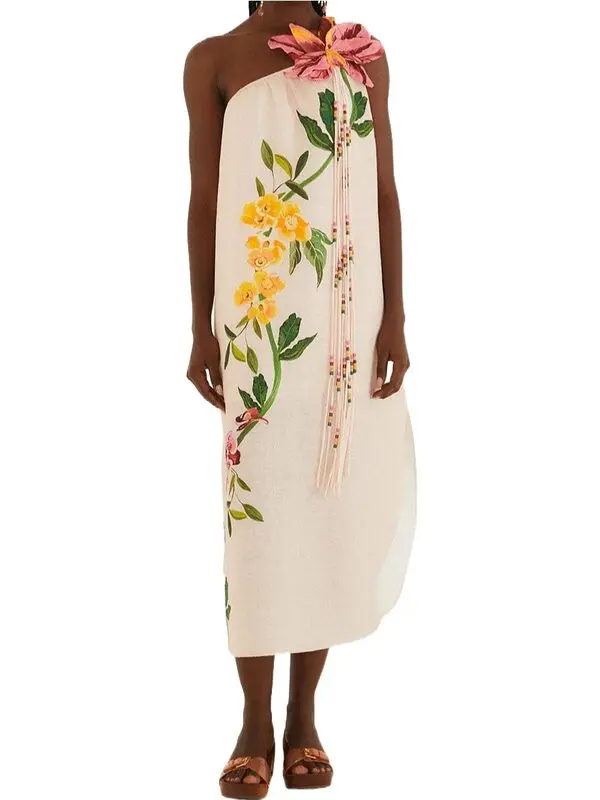 Farm Rio Off-the-shoulder Floral Appliqué Maxi Dress - Nude