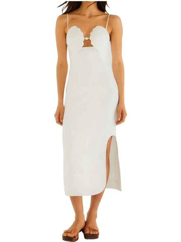 Farm Rio Sleeveless Slip Dress With Pearl Detail And Side Slit - White