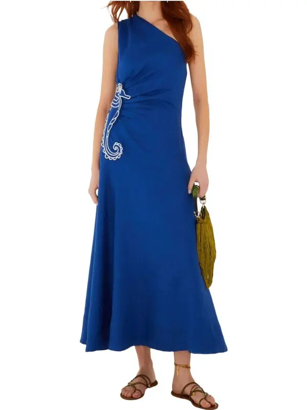 Farm Rio One-shoulder Midi Dress With Seahorse Embroidery - Blue