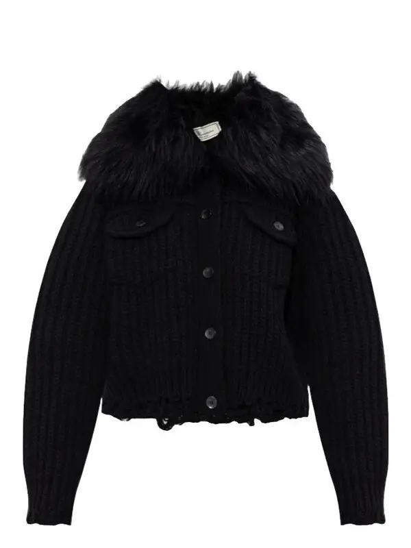 Blumarine Long Sleeve Cardigan With Fur Collar - Black