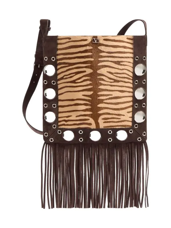 Valentino Garavani Nelli Côte Shoulder Bag In Animalier Pony Effect Calfskin With Fringes - Beige
