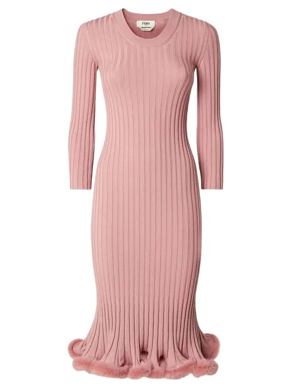 Fendi Ribbed-knit Midi Dress With Mink Trim - Pink