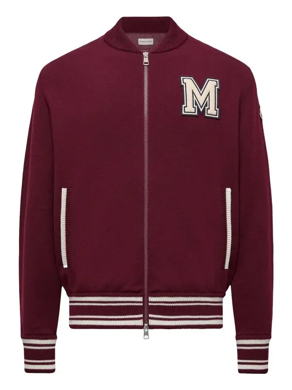 Moncler Embroidered Monogram Padded Zip-up Wool Blend Cardigan - Burgundy