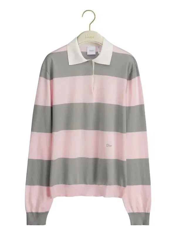 Dior Striped Polo Shirt With Embroidered Detail - Gray And Pink