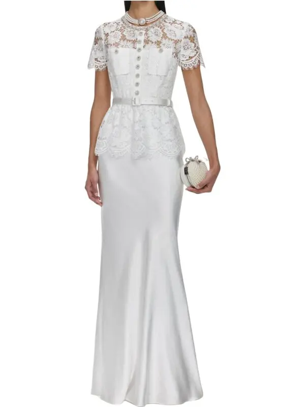 SELF-PORTRAIT Embellished Peplum Lace Maxi Dress - White