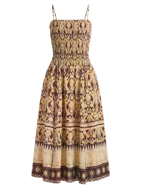 MARIA CHER Abstract Print Smocked Midi Dress - Neutrals