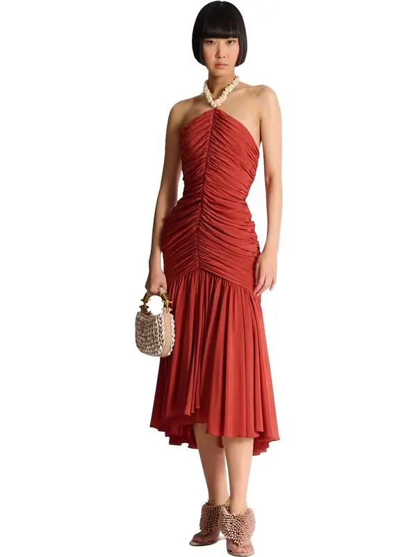 Balmain Halterneck Shell Embellished Ruched Midi Dress - Red
