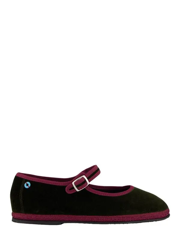 PIEDATERRE Loden Velvet Mary Jane Flats With Wine Grosgrain Trim - Green