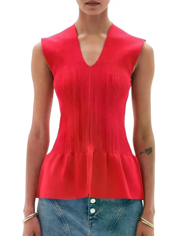 Yuzefi Ribbed Knit Peplum Top With V-neck And Cut-out Detail - Red