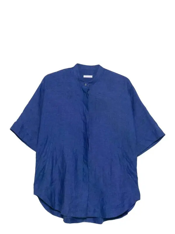 ROBERT FRIEDMAN Band Collar Short Sleeve Blouse - Blue