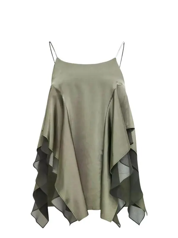 YCH Khaki Satin Ruffled Spaghetti-strap Top - Green