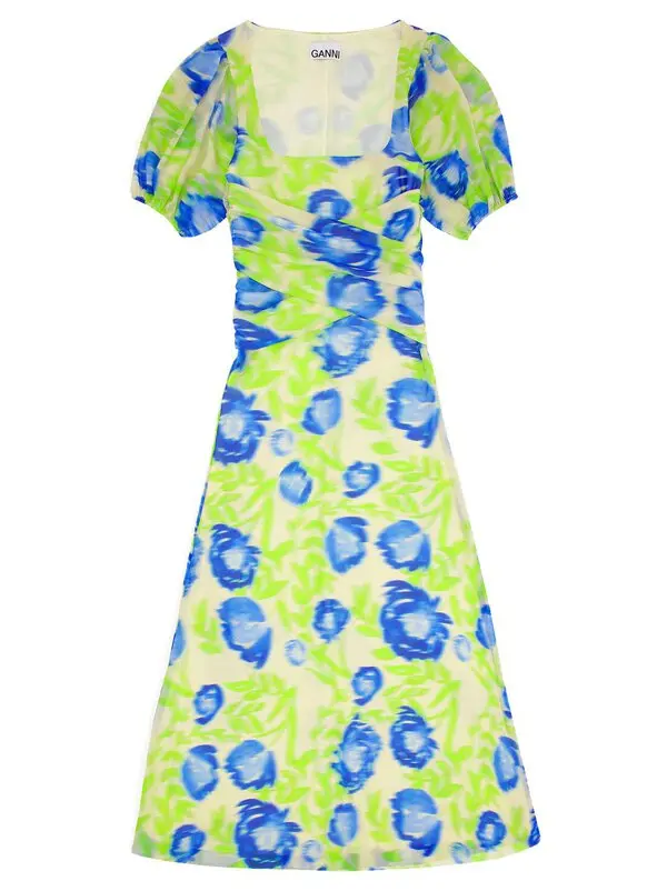 GANNI Printed Mesh Puff Sleeve Midi Dress - Blue