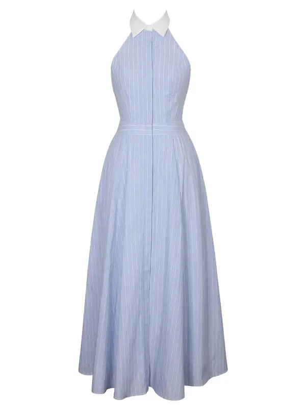 MISS CIRCLE NEW YORK Winslet Striped Cotton Poplin Halter Maxi Dress - Blue