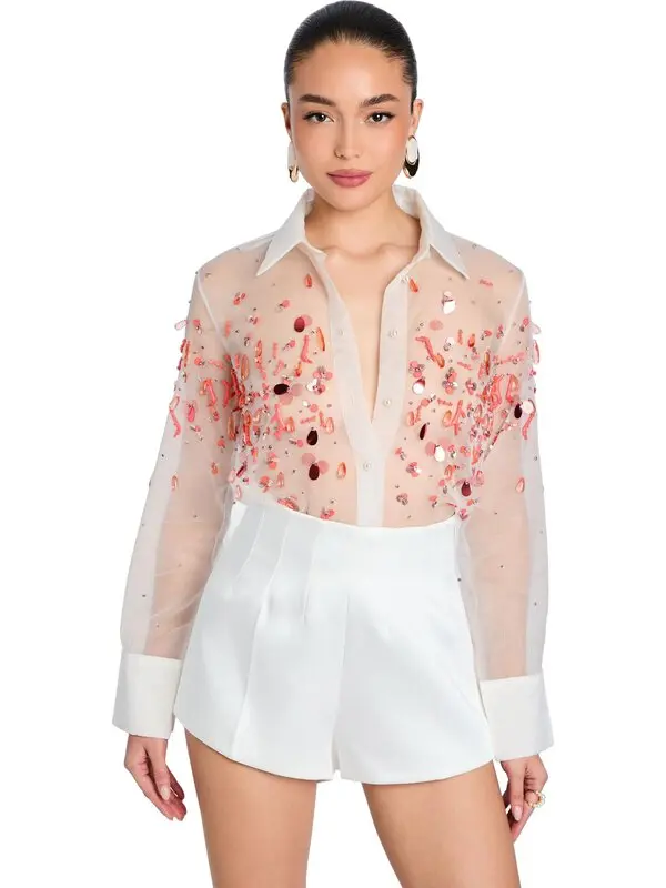Retrofete Ivee Embroidered Sheer Organza Blouse - White/coral