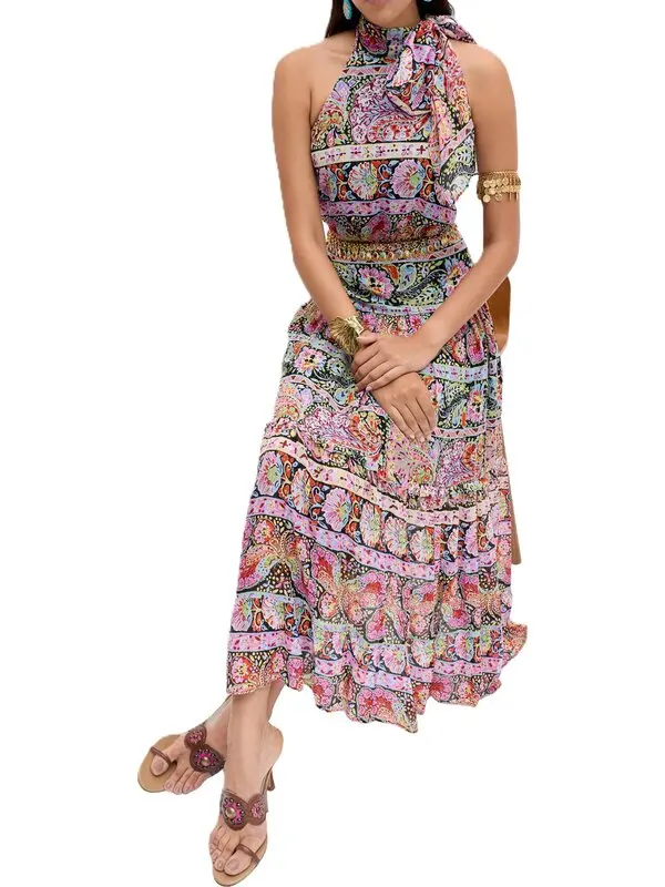 Rixo Sleeveless Printed Midi Dress With Scarf Neckline And Corset - Multicolor