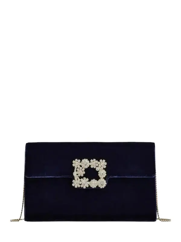 ROGER VIVIER Flower Strass Buckle Clutch Bag In Velvet - Black