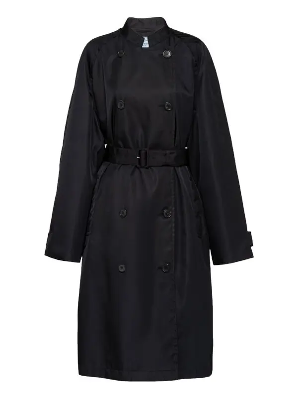 Prada Re-nylon Double Breasted Belted Waist Raincoat - Black