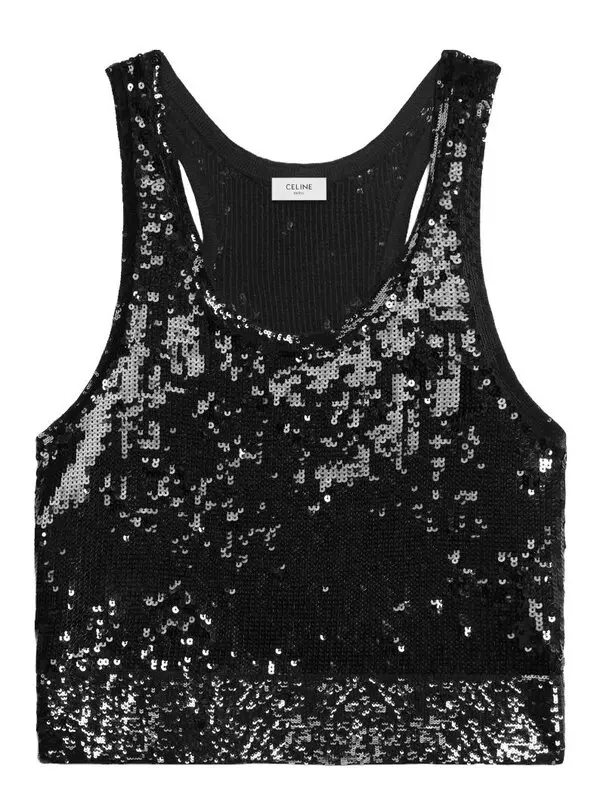 Celine Sequin Embroidered Silk Tank Top - Black